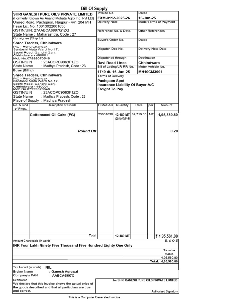 Sale Bill Shree Traders Chhindwara EXM 0112 2025 26 | PDF | Economies ...