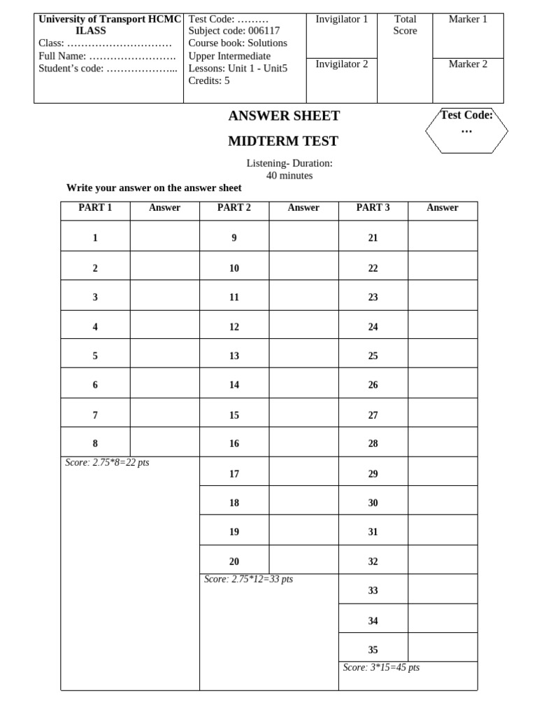 Answer Sheet English B1.3-Listening | PDF