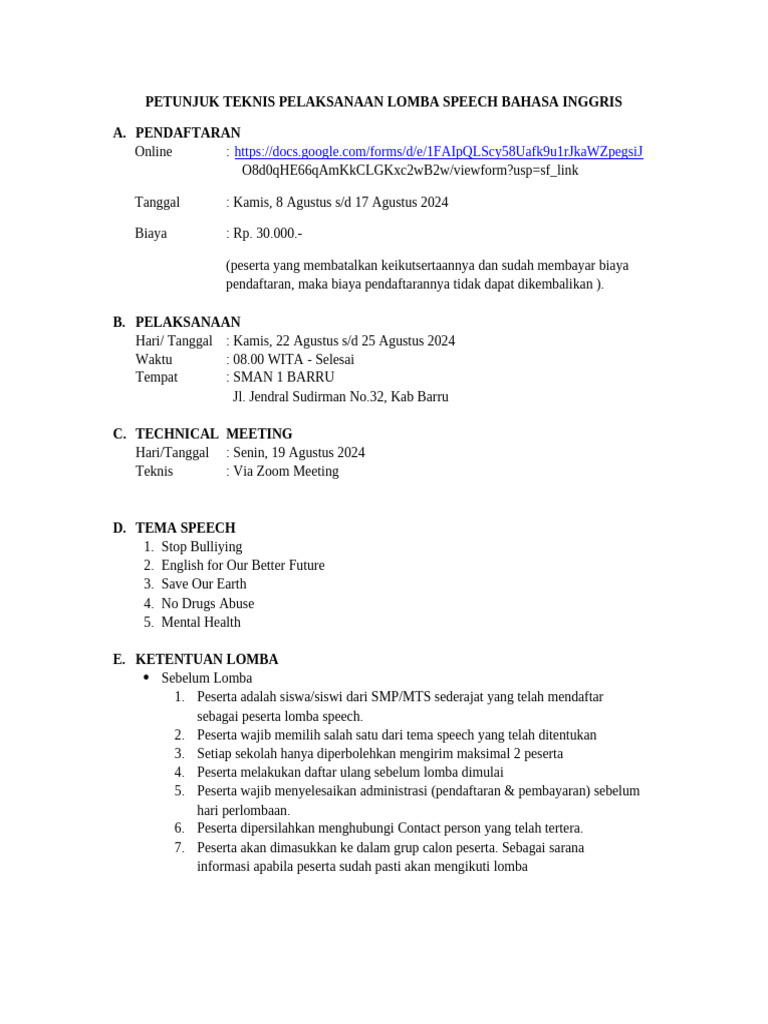 Petunjuk Teknis Pelaksanaan Lomba Speech Bahasa Inggris | PDF
