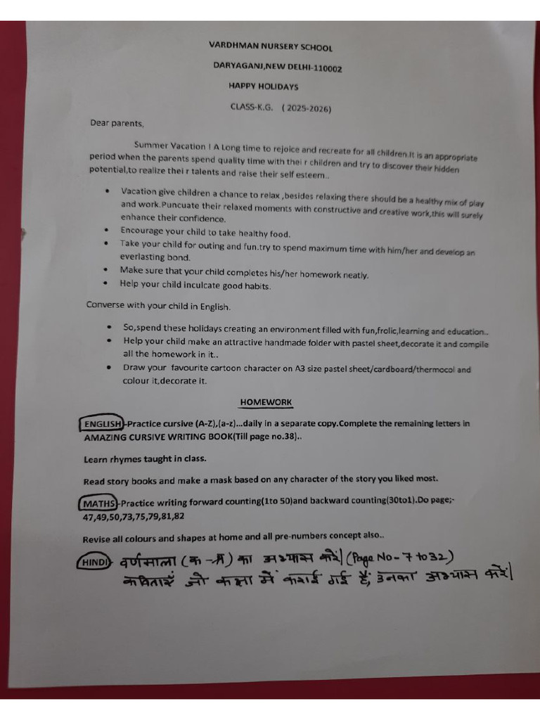 Holidays Homework..k.g.class (2025 2026) | PDF