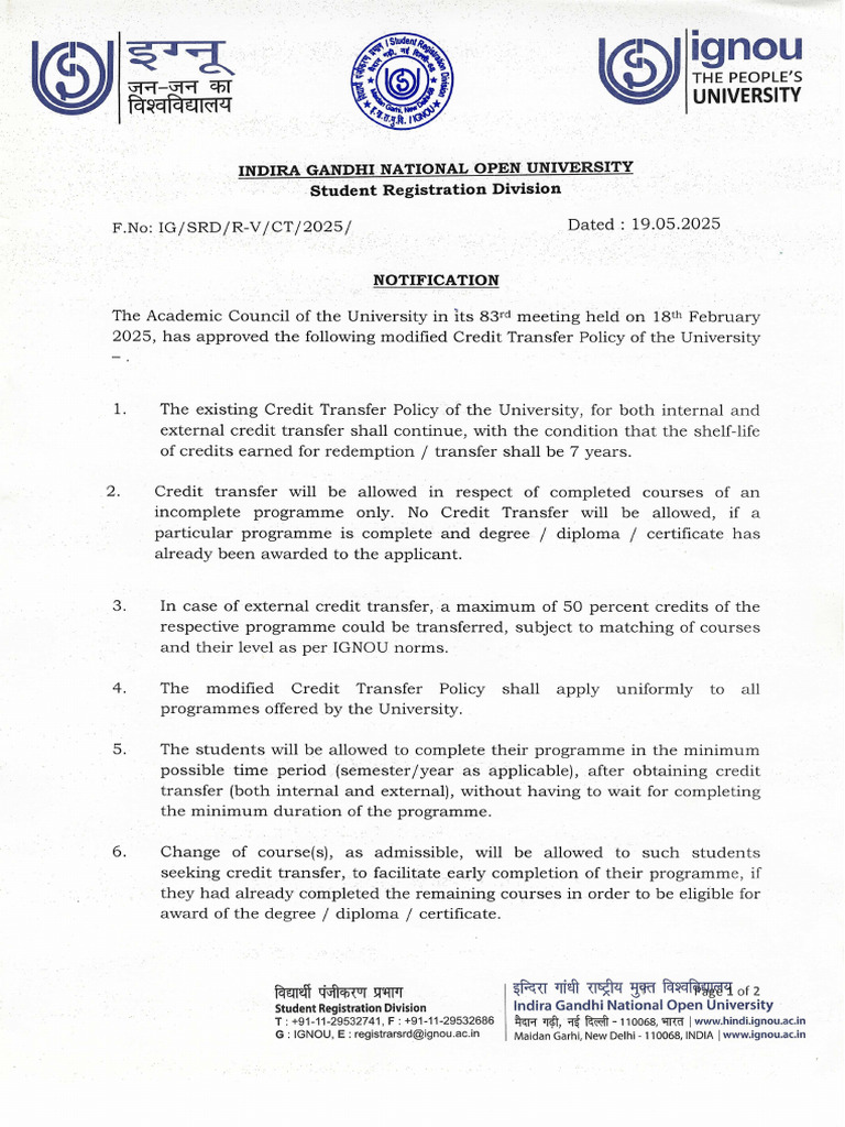 Notification-Modified Credit Tansfer Policy With Annexures | PDF