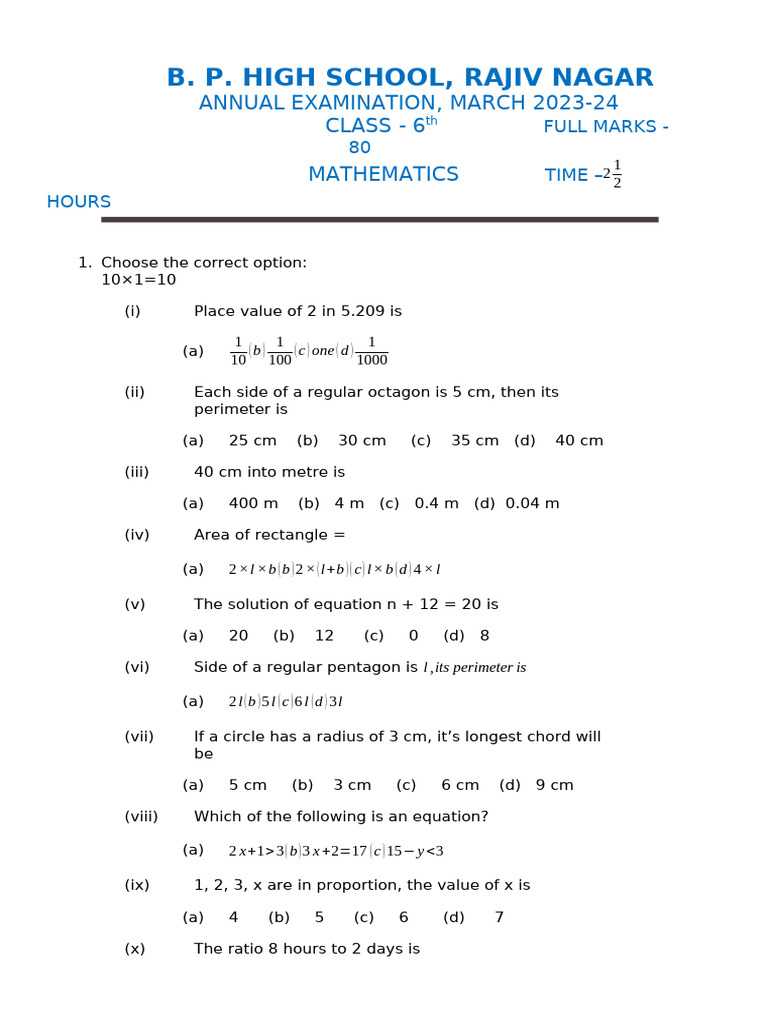 6th Grade Math Exam Paper 2023-24 | PDF | Area | Elementary Geometry