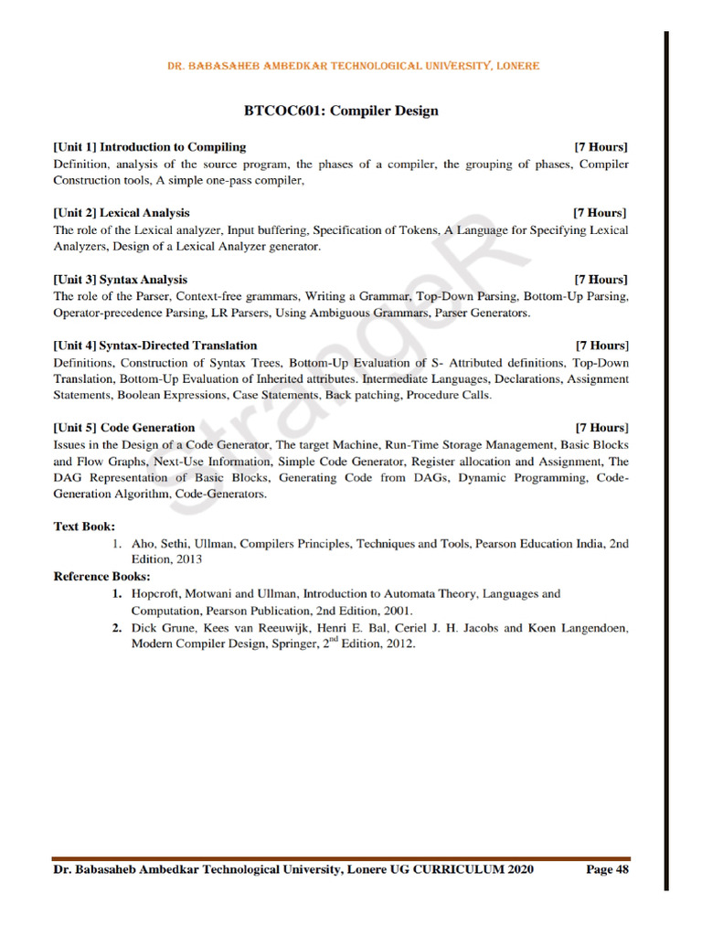 BTCOC601 Compiler Design Syllabus | PDF