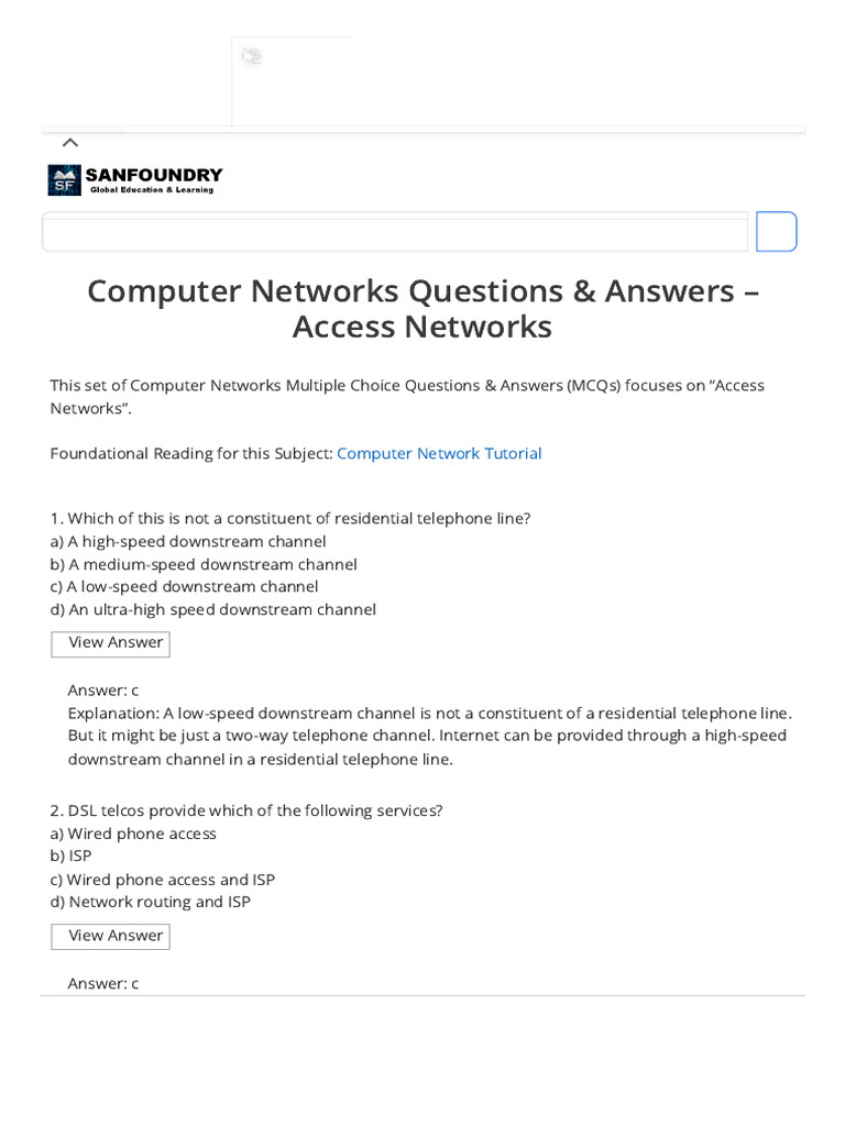 Access Networks - Computer Networks Questions & Answers - Sanfoundry | PDF | Fiber To The X ...