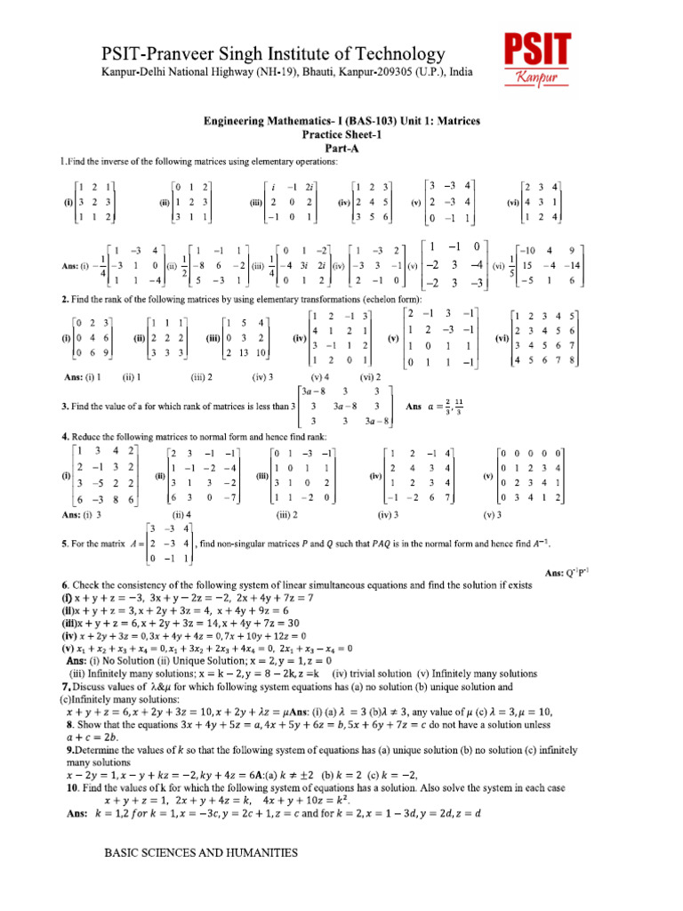 Matrices Practise Sheet | PDF