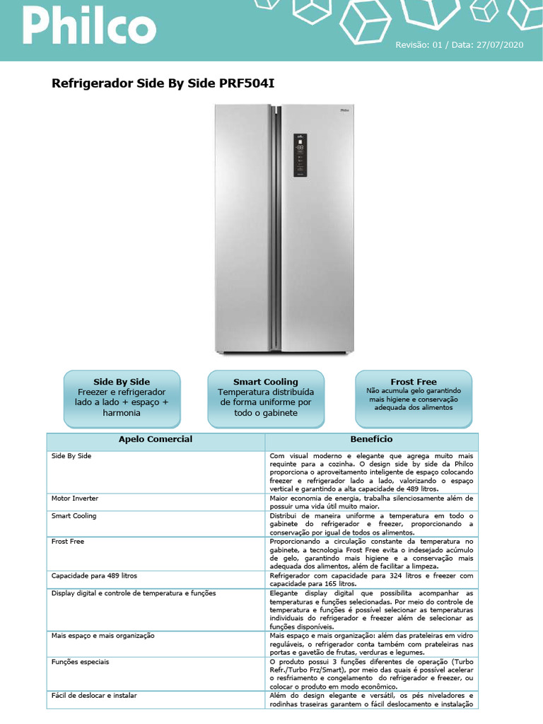 Ficha Técnica Geladeira-Refrigerador PRF504I Side by Side | PDF | Geladeira | Turbocompressor