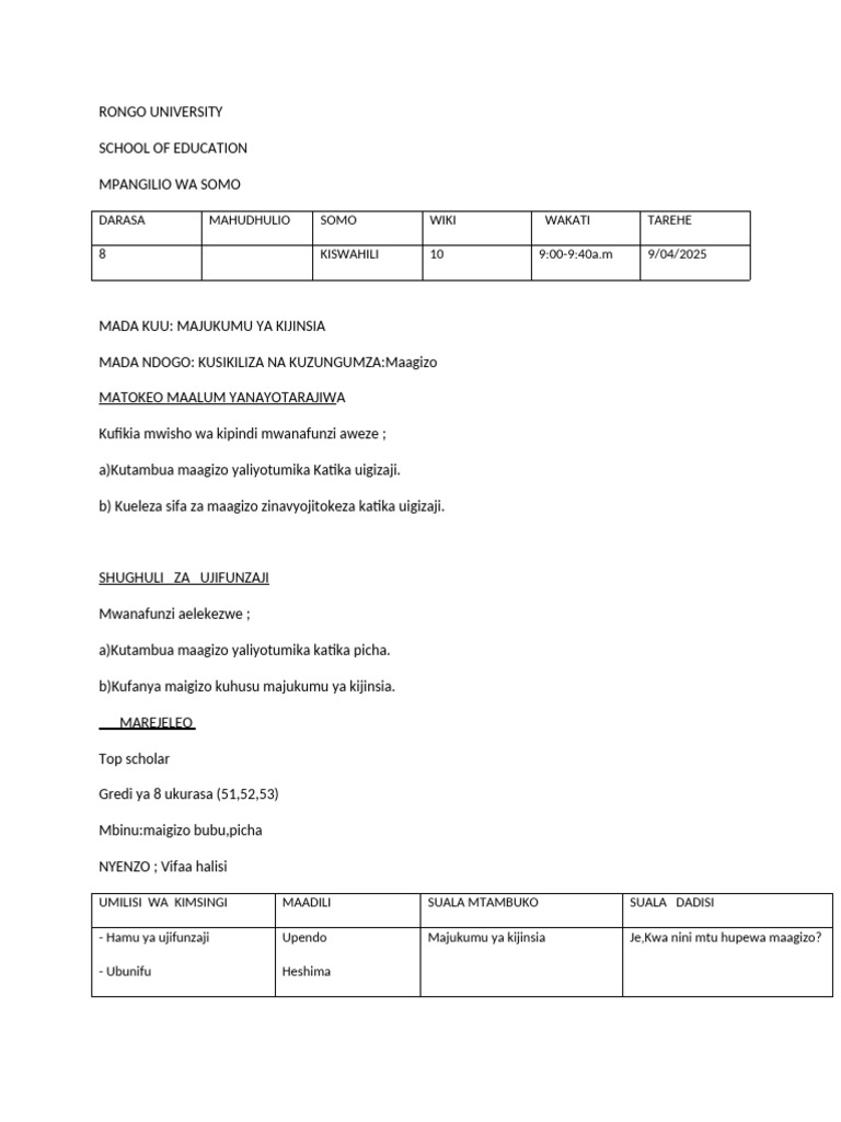 Mpangilio Wa Somo 2 | PDF