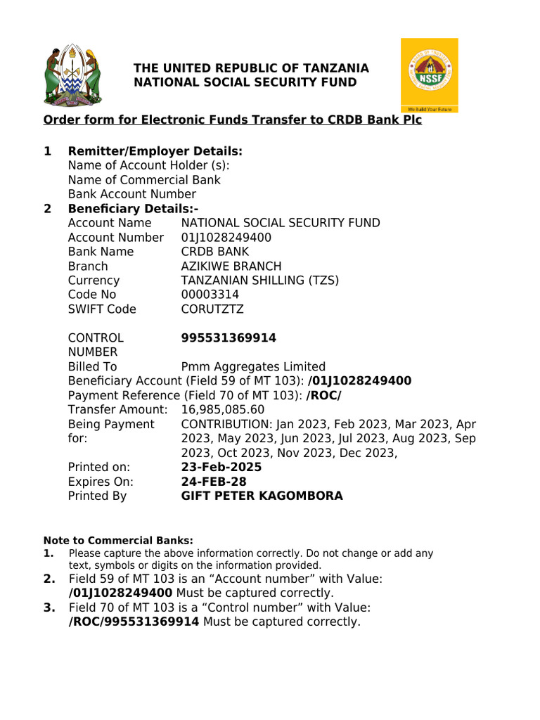 CRDB EFT Order for NSS Fund Payment | PDF