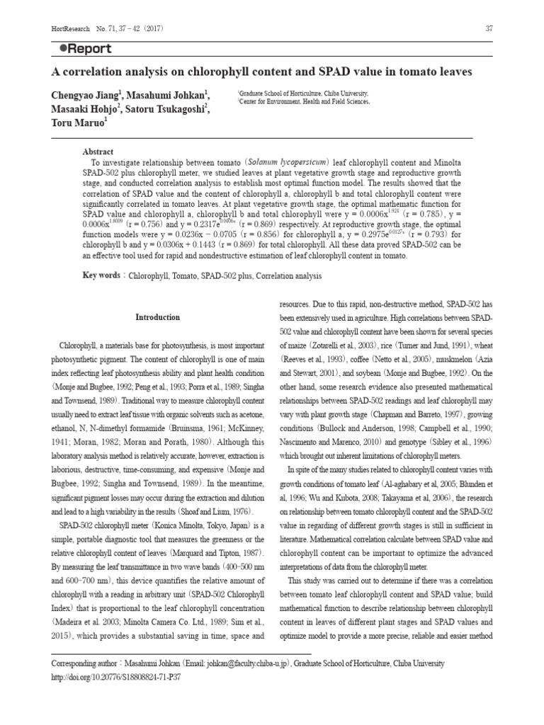 A Correlation Analysis On Chlorophyll Content and SPAD Value in Tomato ...