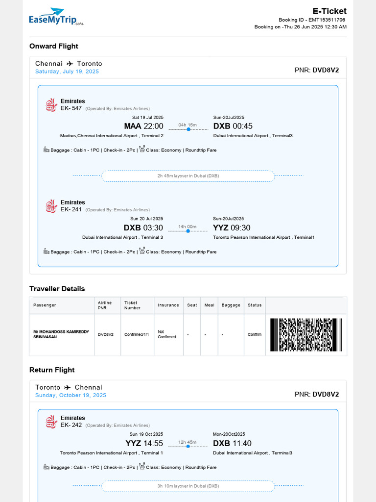 Mohandoss 2025 - Emirates Booking Confirmation PDF | PDF | Travel Visa ...