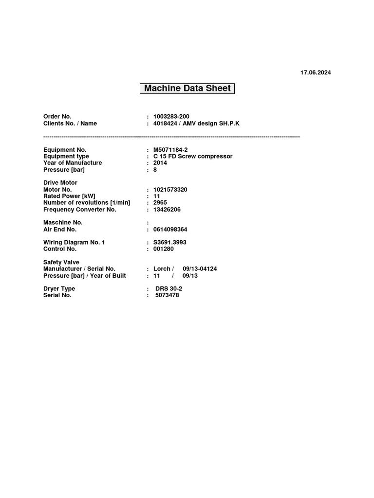Machine Data Sheet | PDF