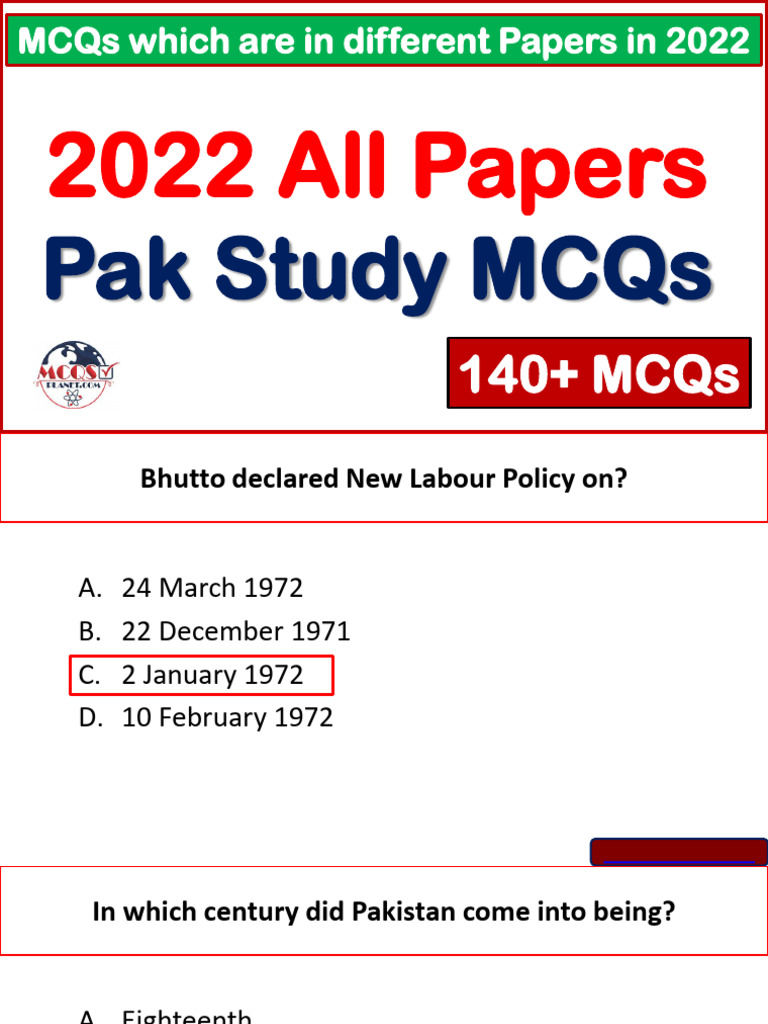 2022 All Papers Pak Study MCQs | PDF | Pakistan | Muhammad Ali Jinnah