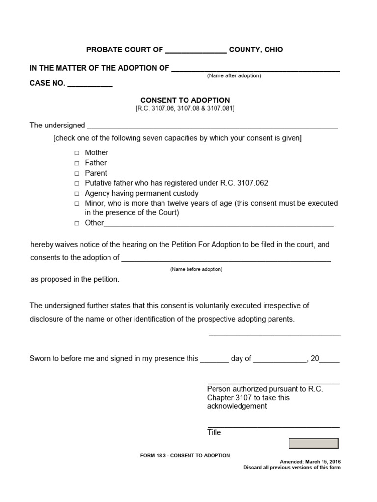 PROBATE COURT OF - COUNTY, OHIO IN THE MATTER OF THE ADOPTION OF - CASE ...