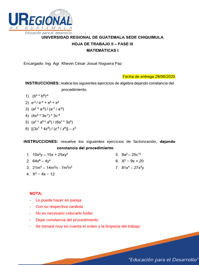 Hoja de Trabajo Algebra y Factorizaci-N.. | PDF