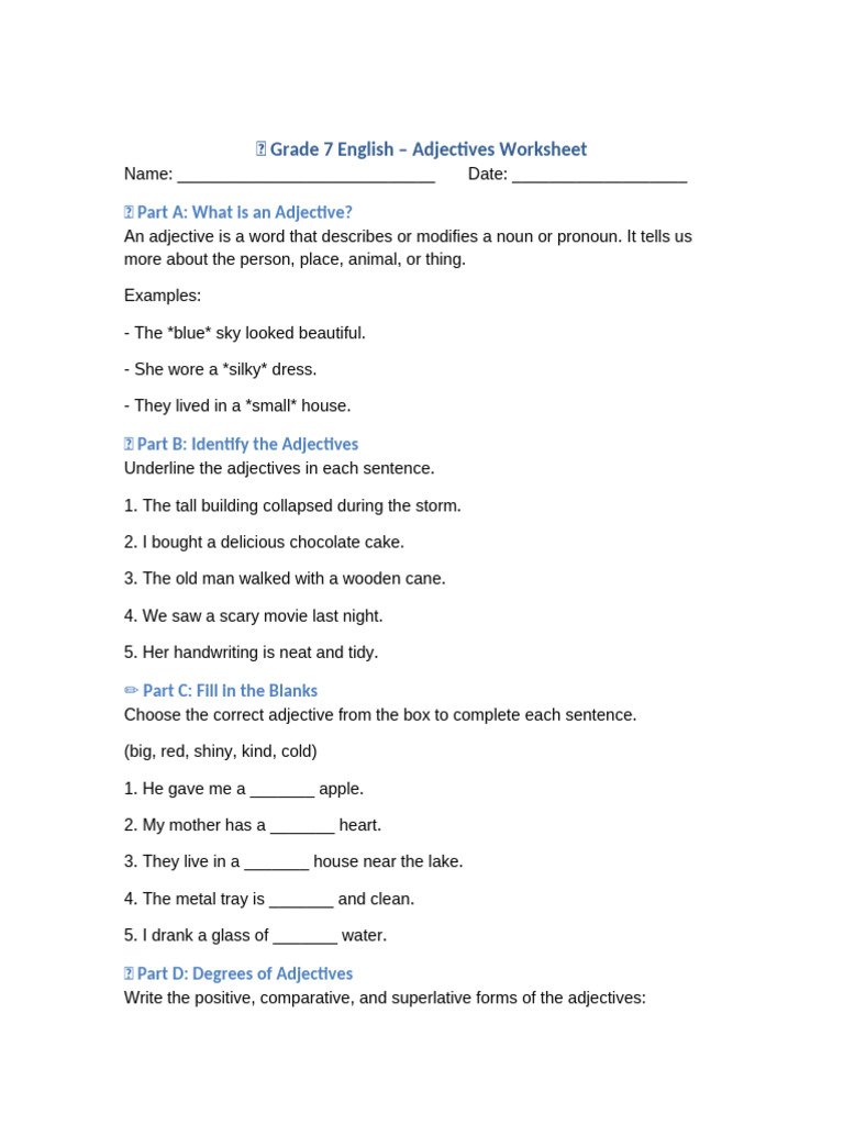 Grade 7 Adjectives Worksheet | PDF