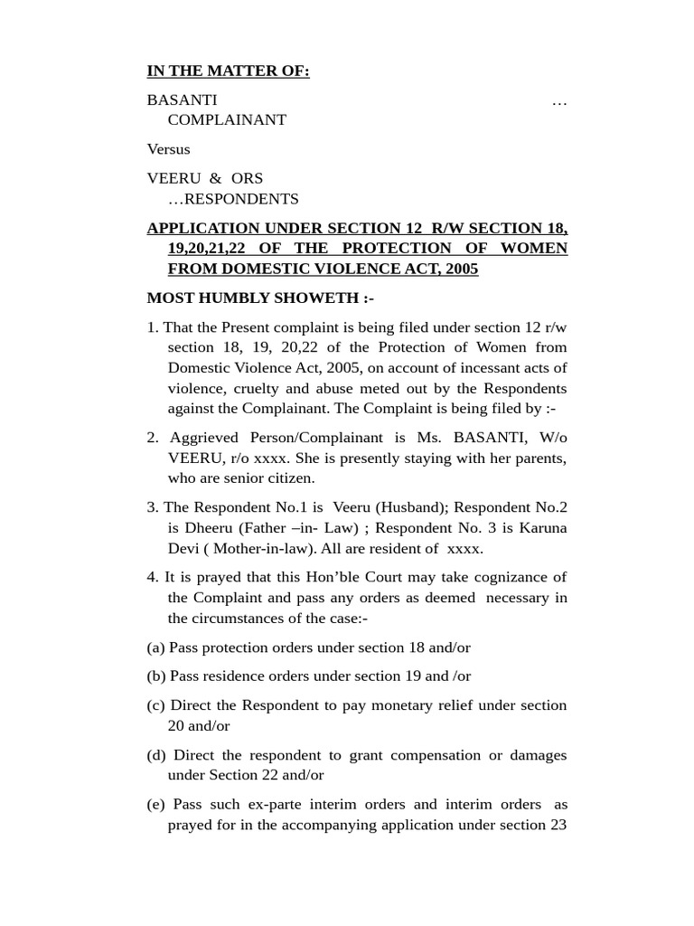 Domestic Violence Complaint Under Sec 12 | PDF | Justice | Crime & Violence
