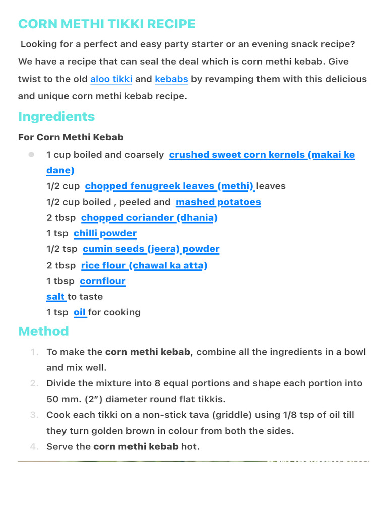 Corn Methi Tikki Recipe | PDF