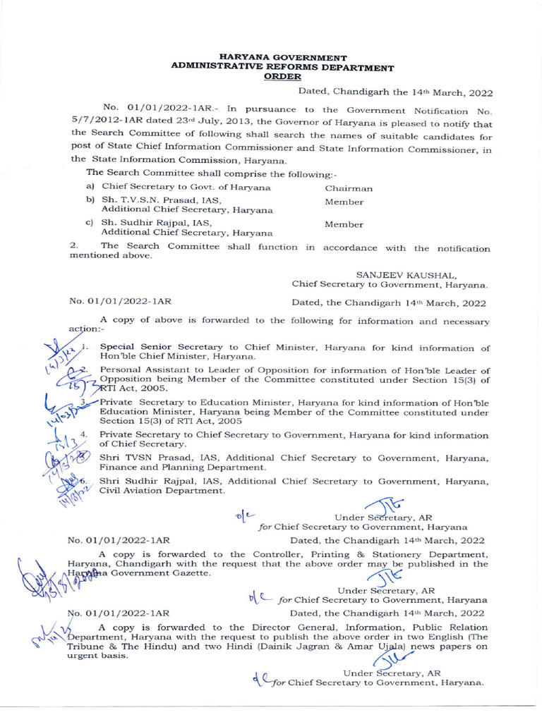 Order of Search Committee For CIC & SIc | PDF | Politics Of India ...
