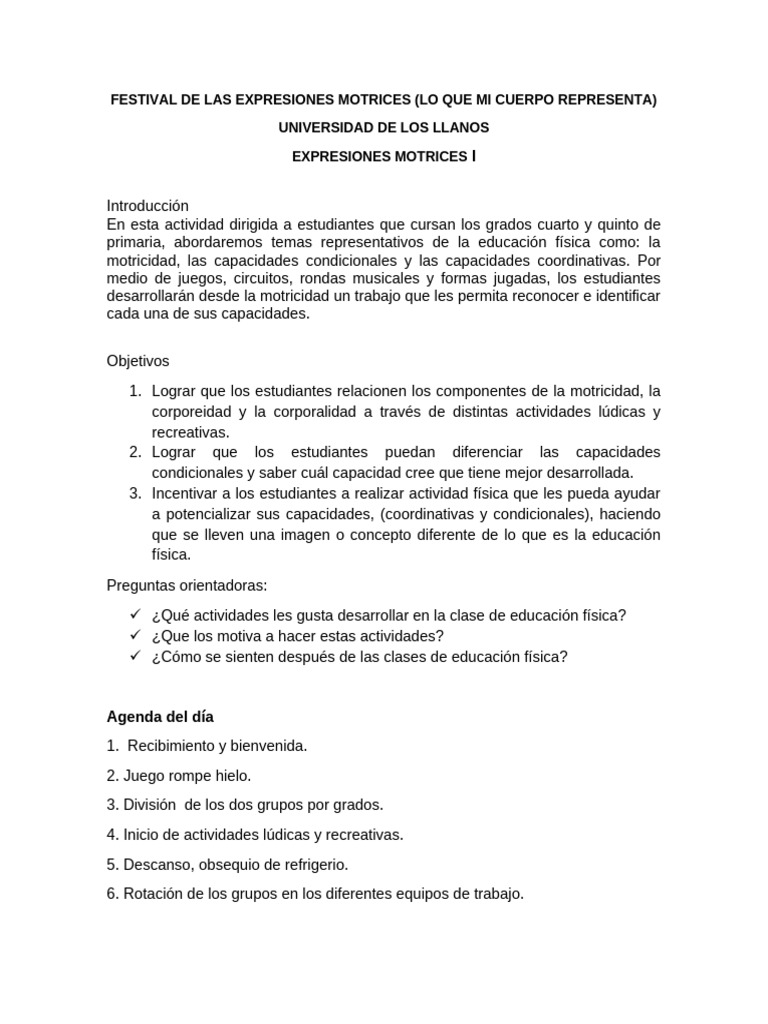Documento Guia, Festival de Las Expresiones Motrices | PDF | Ritmo ...