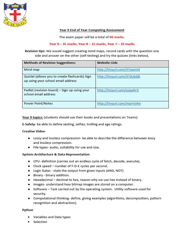 Year 9 Computing Summer Assessment Checklist 1 | PDF | Data Compression ...