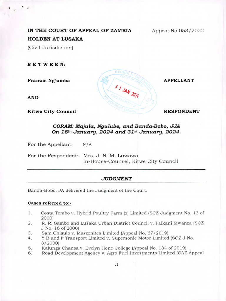 App 53 2022 Francis Ngomba Vs Kitwe City Council Coram Justice Majula ...