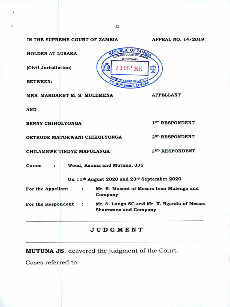 App 014 2019 Mrs. Margaret M.S. Mulemena Vs Benny Chiholyonga 2 Others ...