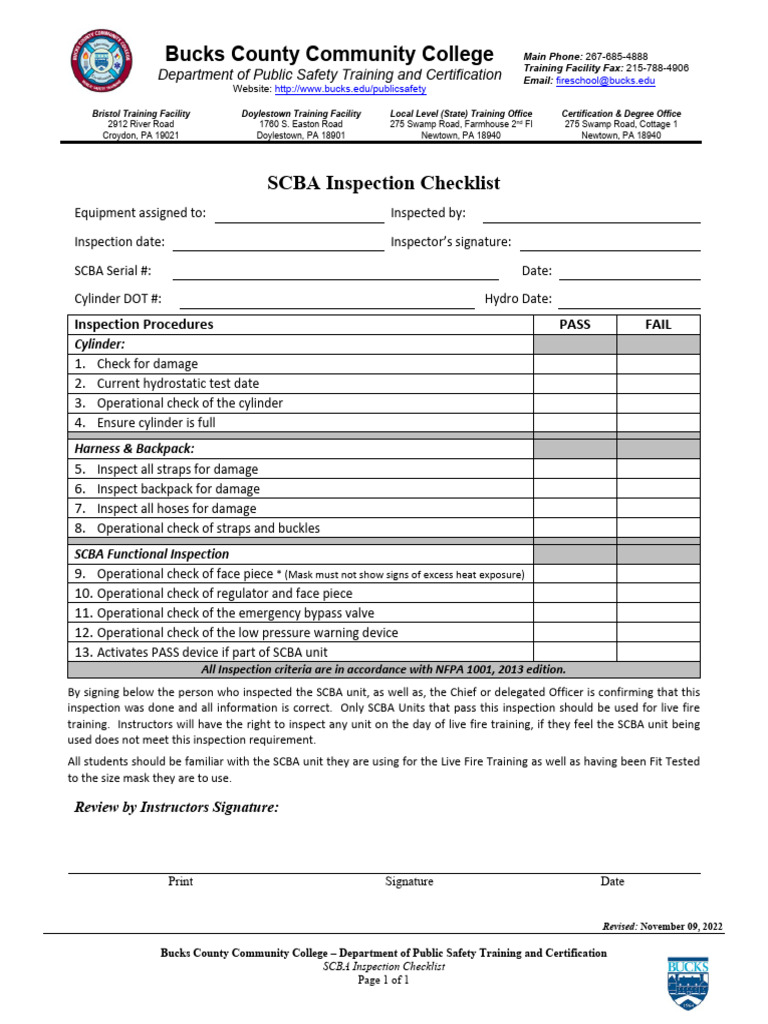 SCBA Inspection Checklist | PDF | Equipment