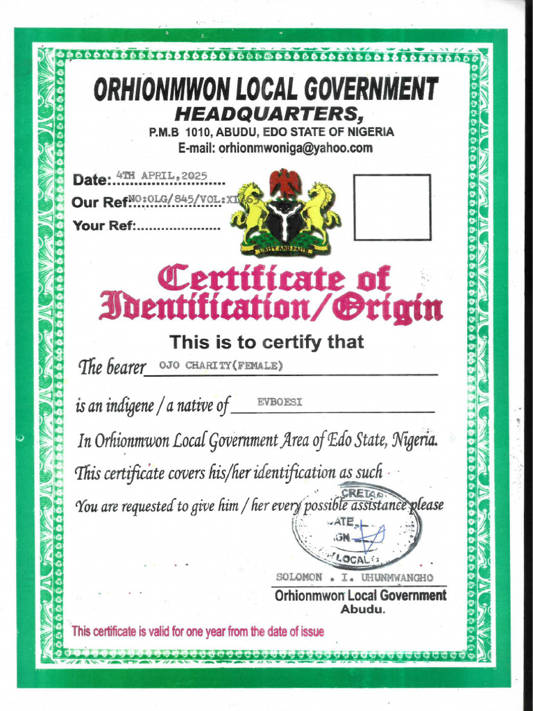 Orhionmwon Local Government Certificate | PDF