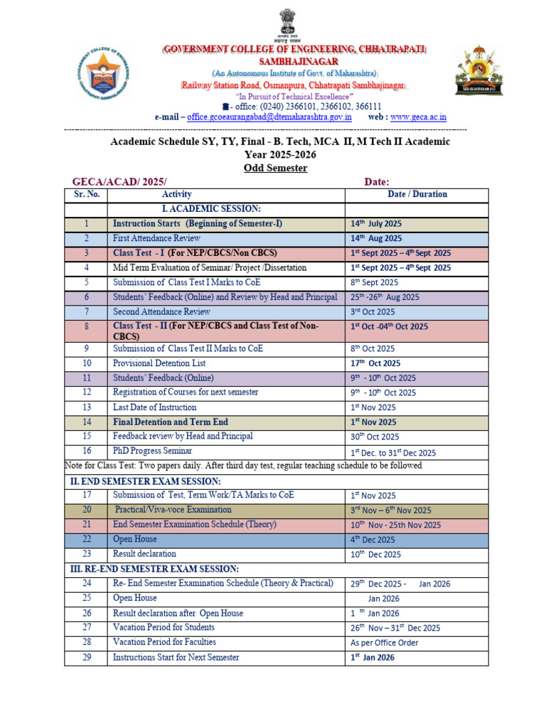 Academic Schedule Odd Sem From 1 Jul 2025 SY-TY-Final Year BTech UG SY-PG & MCA UPDATED | PDF ...