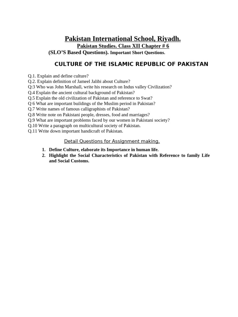 Culture of Pakistan: Key Questions | PDF