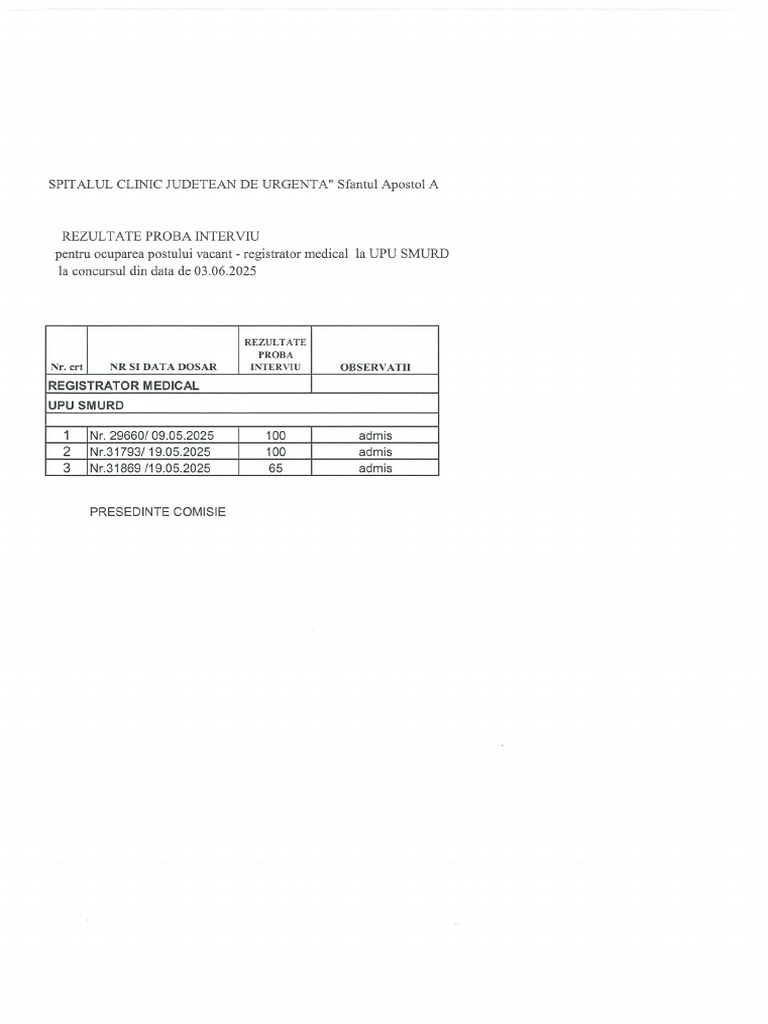 Rezultate Interviu Concurs Registrator Medical UPU SMURD | PDF