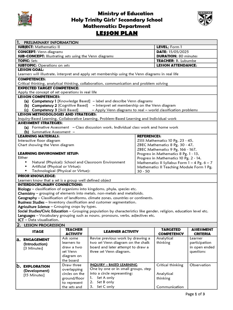 Maths II Lesson Plan - Sets (Venn Diagram) | PDF | Learning | Lesson Plan