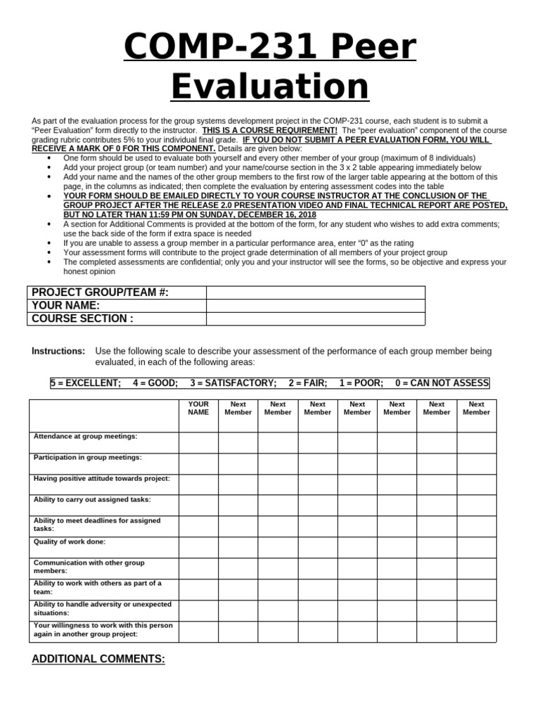 COMP231 Peer Evaluation Form Fall 2018 | PDF