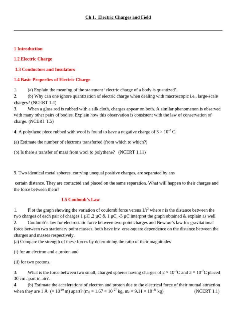 CH 1 Electric Charges and Field | PDF | Electric Charge | Force