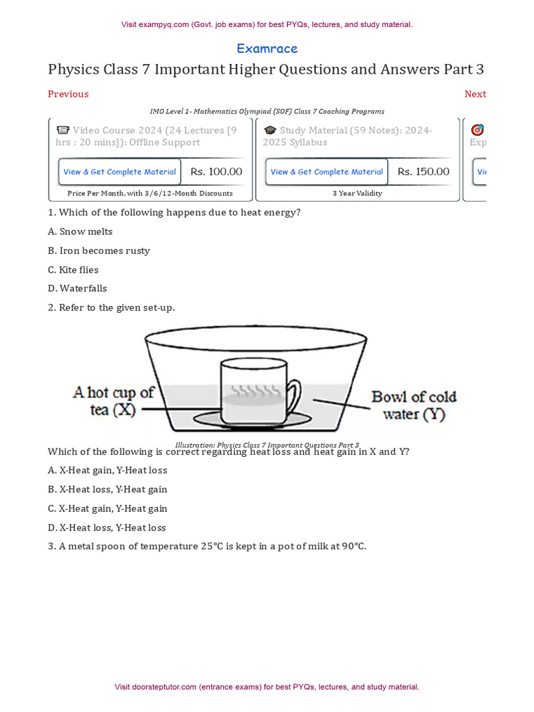Physics Class 7 Important Questions Part 3 | PDF | Temperature ...