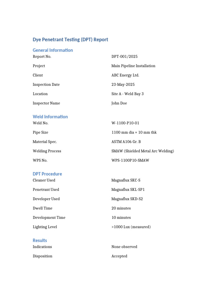 DPT Report for WPS-1100P10-SMAW | PDF | Welding | Construction