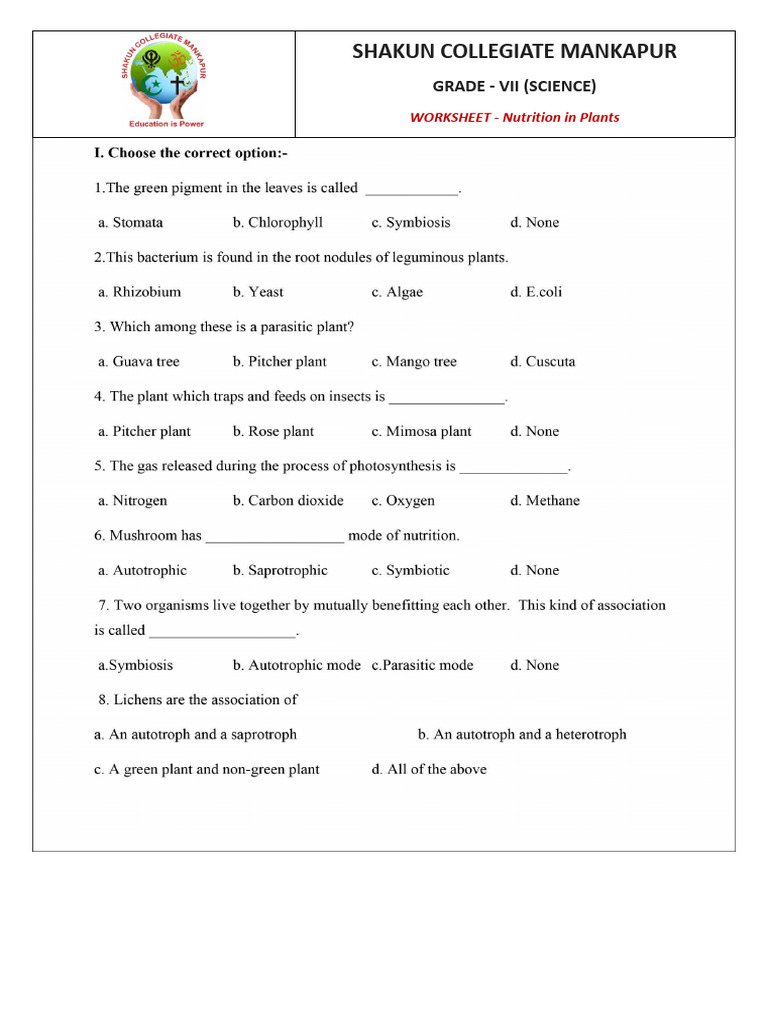 Class7th Science Nutrition in Plants Worksheet | PDF