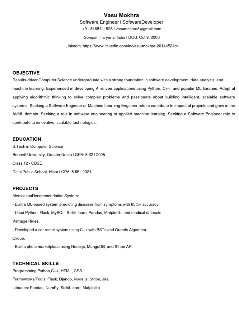 Vasu Mokhra Resume M PDF | PDF | Machine Learning | Artificial Intelligence