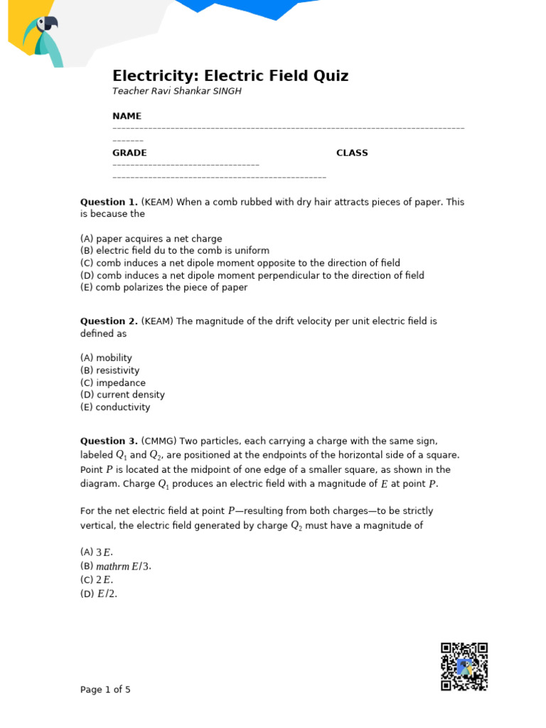 Electricity Electric Field Quiz | PDF | Force | Electric Field
