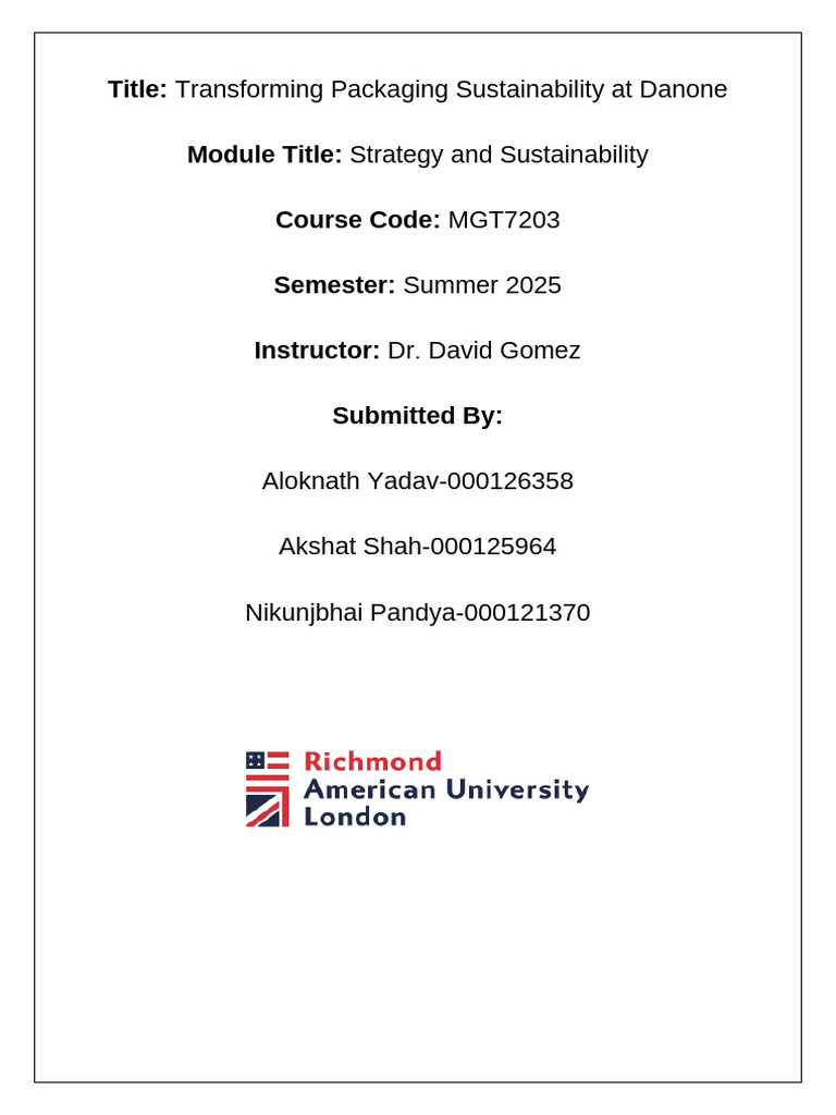 Danone Strategic Action Plan Report MGT7203 Summer 2025 | PDF ...