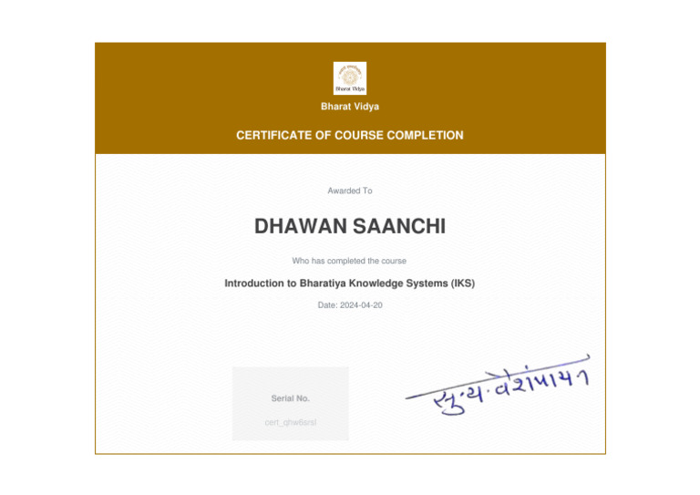 Certificate of Completion For Introduction To Bharatiya Knowledge ...