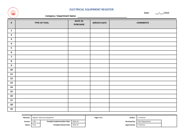 Electrical Equipment Register Template | PDF