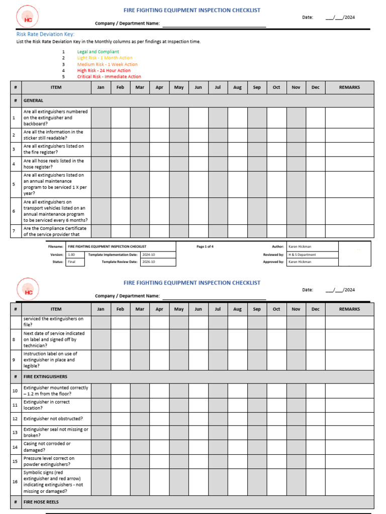 Fire Fighting Equipment Inspection Checklist - 2024 | PDF