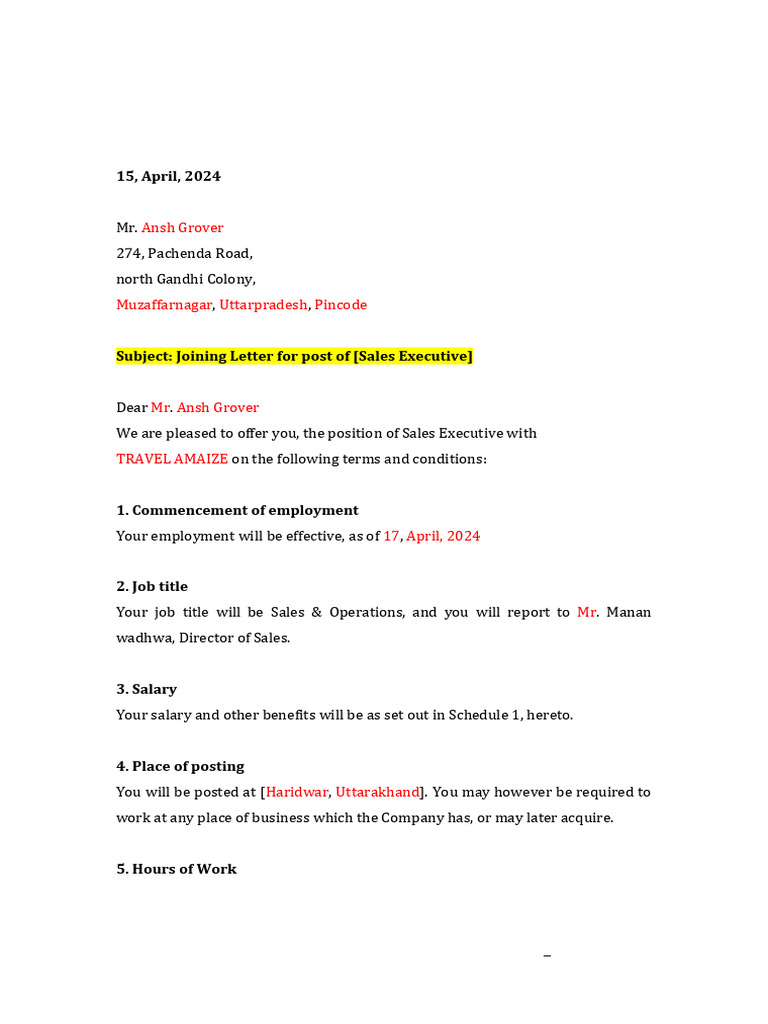 Joining Letter For Ansh Grover | PDF | Salary | Labor
