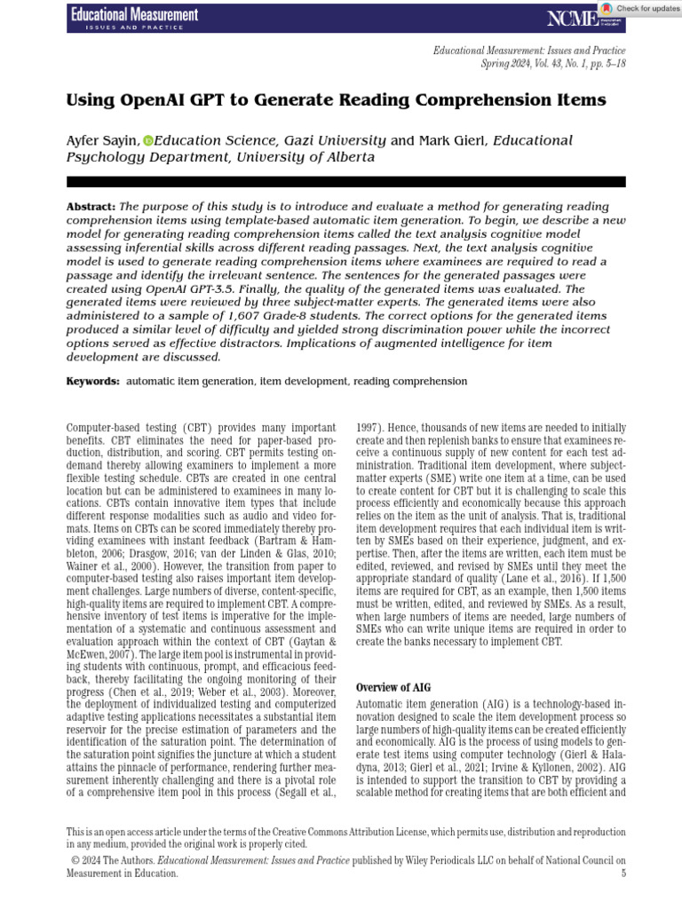 Educational Measurement - 2024 - Sayin - Using OpenAI GPT To Generate Reading Comprehension ...