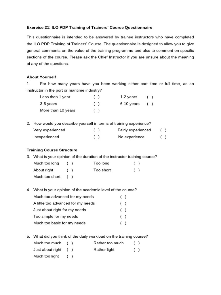 ILO PDP Training of Trainers Course Questionnaire | PDF | Lecture ...