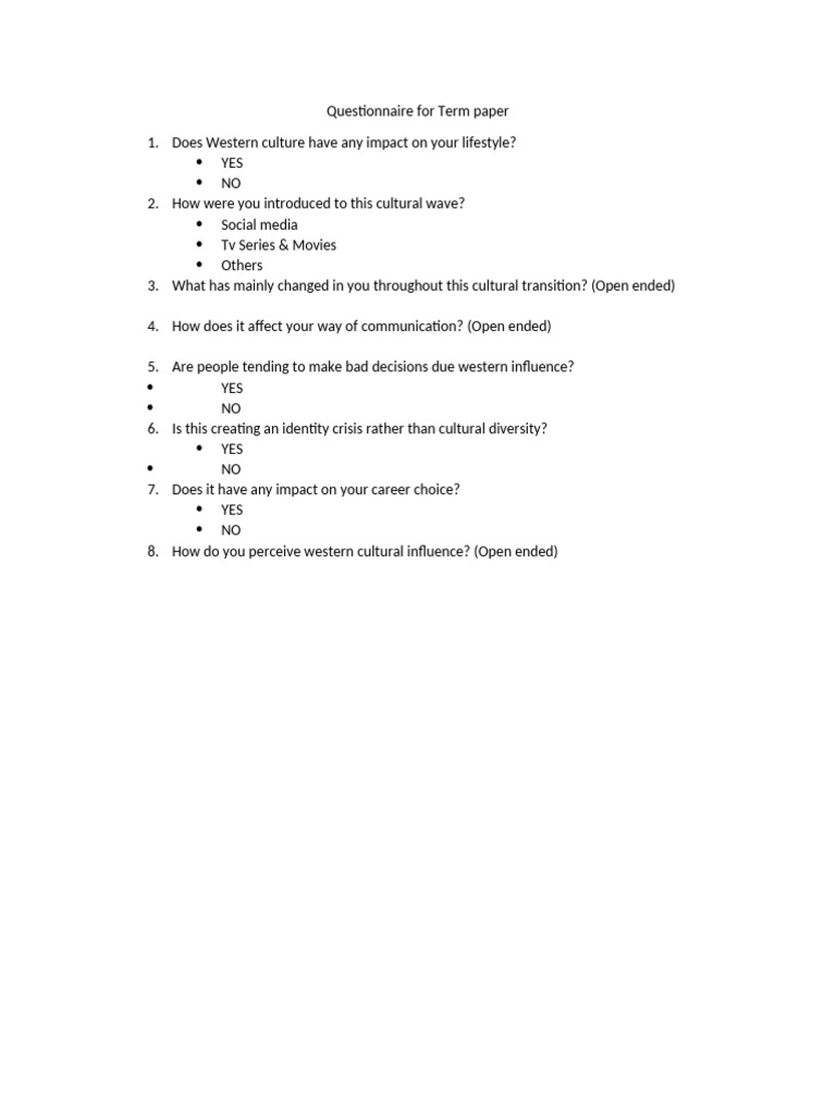 Questionnaire For Term Paper | PDF
