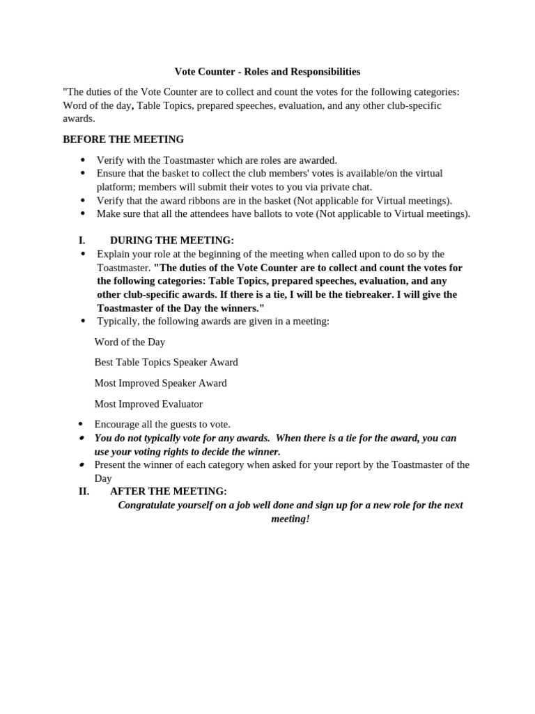 Vote Counter Roles and Responsibilities | PDF