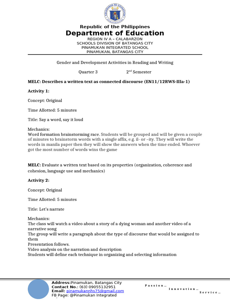 GAD Activities in Reading and Writing | PDF | Communication | Human ...