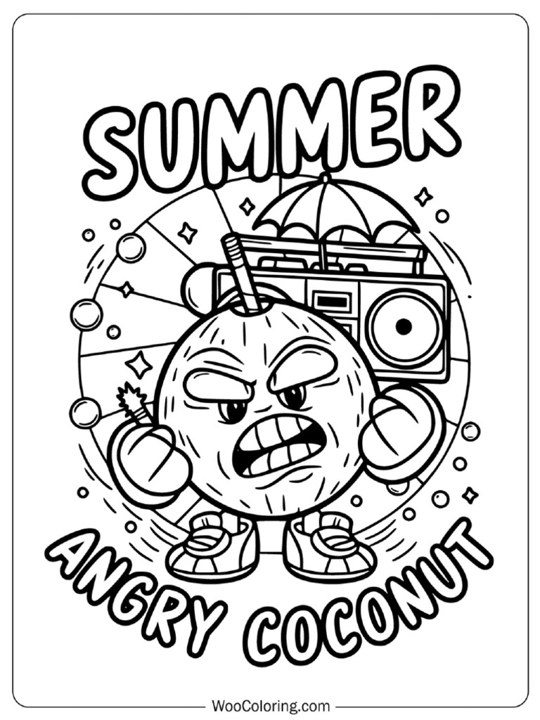 Coconut Coloring Page With Funny Angry Cartoon Character | PDF